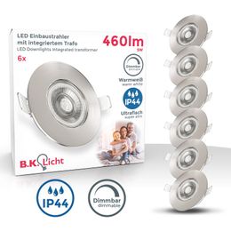 B.K.LICHT LED Einbauleuchte &raquo;6er Set Bad Einbaustrahler, Dimmbar, IP44, LED Einbauspots&laquo; LED-Board Warmwei&szlig; 3.000K, 480Lm, 4,9W, Kunststoff, 9 x 2,5 cm, Nickel 