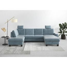 Home Affaire Wohnlandschaft &raquo;Summer U-Form&laquo; mit oder ohne Schlaffunktion und Bettkasten, wengefarbene Holzf&uuml;&szlig;e blau 100% Polyester B/H/T: 314cm x 91cm