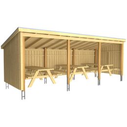 Plus Gartenhaus &raquo;Nordic&laquo; Picknickh&uuml;tte 14 m&sup2; inkl. Picknicktische, Dachpappe/Aluleisten/H-F&uuml;&szlig;e beige Holzwerkstoff Einheitsgr&ouml;&szlig;e