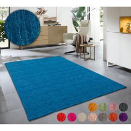 Theko Wollteppich &raquo;Holi&laquo; rechteckig 13 mm H&ouml;he Uni-Farben, leicht meliert, reine Wolle, handgewebt mit Kn&uuml;pfoptik blau Schurwolle B : 90cm 1 Stk., 