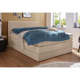 Hapo Boxspringbett mit Bettkasten beige Kopfteil, seitliche Unterbox und Obermatratze sind mit pflegeleichtem Feinstrukturstoff in Leinenoptik (100% 