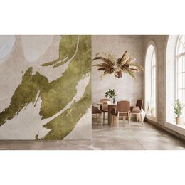 Livingwalls living walls Vliestapete &raquo;Abstrakte Tapete Pinselstriche Gr&uuml;n Beige Zen-Stil&laquo; matt glatt Vlies B/L: 2,7m x 4m, Rollen: 1