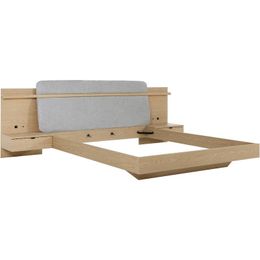 Einzelbett &raquo;IZADI&laquo; Bett mit Stoff-Kopfteil und 2 Nachttischen Liegefl&auml;che L&auml;nge B: 200cm x 180cm, Eiche Rookwood Nachbildung LED-Leuchtmittel, H&ouml;he 
