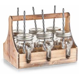 zeller Glas je 6 Gl&auml;ser, Deckel und Strohhalme, in praktischer Holzkiste braun Glas, Holz, Metall 22,1cm, 450ml, 6 Stk.
