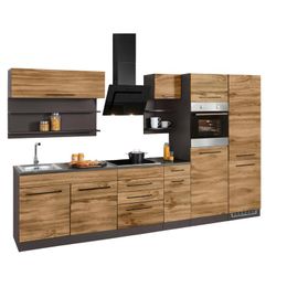 KOCHSTATION K&uuml;chenzeile &raquo;KS-Tulsa&laquo; mit E-Ger&auml;ten, Breite 330 cm, schwarze Metallgriffe, MDF Fronten braun B/H/T: 330cm x 60cm