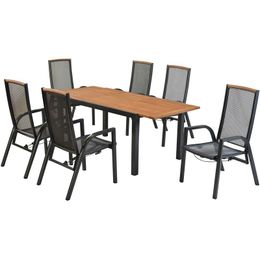 Merxx Garten-Essgruppe &raquo;&raquo;Tilos&laquo;&laquo; Set, R&uuml;ckenabschluss und Armlehnen aus Akazienholz, 7 Stk. tlg. R&uuml;ckenlehne verstellbar durch Gasdruckfeder grau 