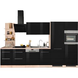 KOCHSTATION K&uuml;chenzeile &raquo;KS-Brindisi Breite 340 cm&laquo; wahlweise mit E-Ger&auml;ten und Induktion, mit MDF-Fronten und Regal schwarz B/H/T: 340cm x 200cm x 