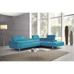 Egoitaliano Ecksofa &raquo;Malika, elegant und bequem, Designsofa, L-Form&laquo; mit Ottomane, inkl. Kopfteilverstellung und chromfarbenen Metallf&uuml;&szlig;en blau Leder &raquo;BULL&laquo; (
