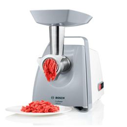 Bosch Fleischwolf &raquo;ProPower MFW45020, 1600 W Blockierlei., R&uuml;cklauf, 3 Lochscheiben, wei&szlig;&laquo; 500 W Edelstahl Loch-Scheiben 3,8 + 8mm, Stopfer, Kebbe-, 