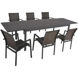 Garden Pleasure Garten-Essgruppe &raquo;NEREA&laquo; 1x Tisch, 6x Stapelstuhl, 7 Stk. tlg. ausziehbarer Tisch, St&uuml;hle stapelbar, geeignet f&uuml;r 6 Personen grau Aluminium, Glas, 