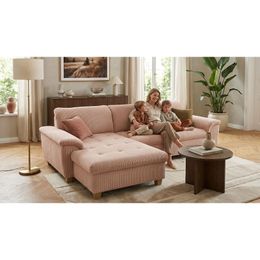 OTTO home Ecksofa &raquo;Egedal 279 x 170 cm, auch mit Schlaffunktion & Bettkasten, Holzf&uuml;&szlig;e&laquo; Kopfteile verstellbar, L-Form, aus Pet Friendly Cord beige 90%