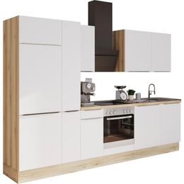 KOCHSTATION K&uuml;chenzeile &raquo;KS-Aken&laquo; Breite 300 cm, wahlweise mit E-Ger&auml;ten, mit Arbeitsplatte 38 mm stark wei&szlig; B/H/T: 300cm x 212cm x 60cm, ohne E-