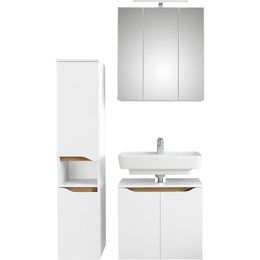 Badm&ouml;bel-Set &raquo;Quickset 3-teilig, Waschbeckenunterschrank mit LED-Spiegelschrank&laquo; 3 Stk. tlg. wei&szlig; Glas, Holzwerkstoff B/H/T: 95cmcm x 33cmcm