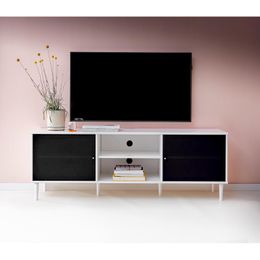 TV-Board &raquo;Mistral Fernsehschrank, Medienm&ouml;bel&laquo; zwei T&uuml;ren mit Akustikstoff, 6 Holz F&uuml;&szlig;e, Lowboard: B: 161,5 cm schwarz Holzwerkstoff, MDF, Massivholz,