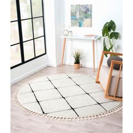 MyFlair Hochflor-Teppich &raquo;Moroccan Square&laquo; rund 24 mm H&ouml;he modern, marokkanisches Design, Rauten Muster, weich, mit Fransen schwarz-wei&szlig; Polyester, 