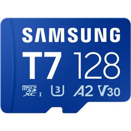 Samsung Speicherkarte &raquo;T7&laquo; (128 GB Video Speed Class 30 (V30) 170 MB/s Lesegeschwindigkeit) blau Kunststoff 6-fach Schutz gegen Wasser, extreme Temperaturen,
