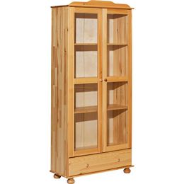 M&ouml;bilia Vitrine mit gedrechselten F&uuml;&szlig;en beige Glas, Massivholz Natur, B/H/T: 85cm x 189cm x 35cm, Schubladen: 1 Stk. T&uuml;ren: 2 Stk. 2 T&uuml;renmit Glaseinsatz, 1 