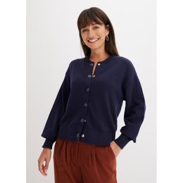 bonprix Damen bonprix Strickjacke &raquo;Strickjacke aus reiner Baumwolle&laquo; Oversize Passform, mit Rippb&uuml;ndchen, aus Baumwolle, mit Knopfleiste blau 36/38 (S