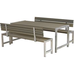 Plus Garten-Essgruppe &raquo;Plankengarnituren&laquo; 3 Stk. tlg. bestehend aus: Tisch und 2 B&auml;nke + 2 R&uuml;ckenlehnen grau B/H/T: 185cm x 81cm x 186cm