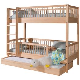 Vipack Etagenbett &raquo;aus massiver Buche, natur lackiert, Leiter mit Haltegriffen oben&laquo; sehr stabil und standfest gebaut, inkl. Rolllattenroste, wahlweise mit 