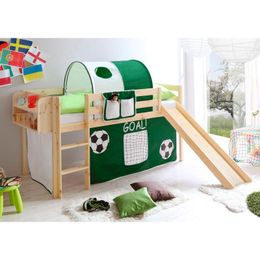 Ticaa Hochbett &raquo;Manuel&laquo; Rollrost und Textil-Set wahlweise mit Matratze, Kiefer massiv natur gr&uuml;n Mit Vorhang, Tunnel und Tasche, Liegefl&auml;che B/L: 90cm x 