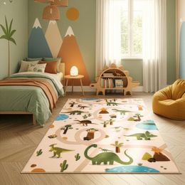 Ayyildiz Teppiche Kinderteppich &raquo;COCO 1131 , auch in rund erh&auml;ltlich&laquo; rechteckig 8 mm H&ouml;he Waschbar bei 30 &deg;C, rutschhemmend, OEKO-TEX zertifiziert, Dinosaurier bunt B 