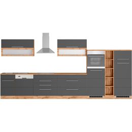 KOCHSTATION K&uuml;chenzeile &raquo;KS-Wien&laquo; Breite 440 cm, wahlweise mit E-Ger&auml;ten grau B/H/T: 440cm x 200cm x 60cm,mit Induktionskochfeld