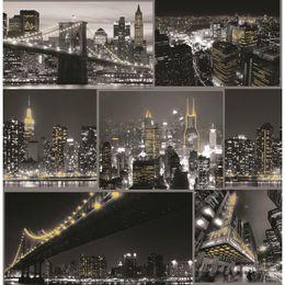 Art for the home Papiertapete &raquo;Stadt bei Nacht&laquo; glatt Schwarz - 10mx53cm bunt Papier B/L: 0,53m x 10m