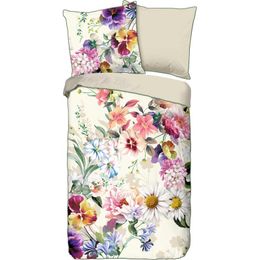 Descanso Wendebettw&auml;sche &raquo;Novara&laquo; 2 Stk. Baumwolle, Satin, 135x200, Biese, Rei&szlig;verschluss, Wende, Blumen, Natur wei&szlig; Satin (Bio-Baumwolle), Obermaterial: 100% 