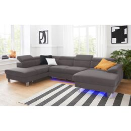 COTTA Wohnlandschaft &raquo;Komaris U-Form, B: 320 cm&laquo; mit Kopfteilverstellung, optional Schlaffunktion, Bettkasten & Licht grau Microfaser PRIMABELLE (100%