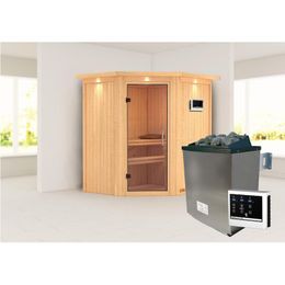Karibu Sauna &raquo;&raquo;Liyah&laquo; mit Klarglast&uuml;r und Dachkranz&laquo; in verschiedenen Ausf&uuml;hrungen erh&auml;ltlich beige Saunaofen, externe Steuerung, (ohne Ofen)