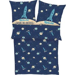 s.Oliver Kinderbettw&auml;sche &raquo;Satinbettw&auml;sche s.Oliver Junior&laquo; 2 Stk. in verschiedenen Designs: Tiere Safari Afrika, Dino, Weltall, Einhorn blau Mako-