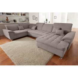 DOMO collection Wohnlandschaft &raquo;FRANZI optional mit Bettfunktion, Bettkasten & Kopfteilverstellung&laquo; U-Form, Recamiere rechts, taupe, B/T: 352/214 cm 