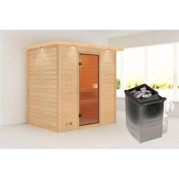 Karibu Sauna &raquo;"Sunie" mit bronzierter T&uuml;r und Kranz, naturbelassen, mit Ofen 9 kW&laquo; aus hochwertiger nordischer Fichte beige Saunaofen, integrierte Steuerung,