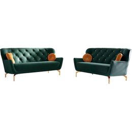 Sit & More sit&more Polstergarnitur &raquo;Orient 3&laquo; 2 Stk. tlg. inkl. 4 Zierkissen mit Strass-Stein, goldfarbene Metallf&uuml;&szlig;e gr&uuml;n 100% Polyester Samtoptik, 3-Sitzer + 