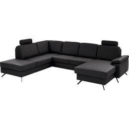 Die PlanBar Wohnlandschaft &raquo;PN-EM15047 U-Form, mit Kopfst&uuml;tzen&laquo; Echtleder, wahlweise mit Schlaffunktion u. Stauraum schwarz B/H/T: 309cm x 104cm x 