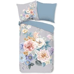 Good Morning Wendebettw&auml;sche &raquo;Ulm&laquo; 2 Stk. Baumwolle, Renforc&eacute;, Rei&szlig;verschluss, Wendeoptik, Blumen, Grau, Blau blau Renforc&eacute;, Obermaterial: 100% 