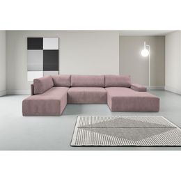 WERK2 Wohnlandschaft &raquo;Rotterdam, U-Form, in kuschelweichem Cord oder Breitcord. Breite 329cm&laquo; Design Sofa mit Schlaffunktion & Bettkasten, Cord, Rose 