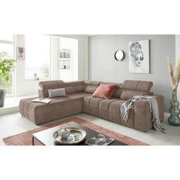 DOMO collection Ecksofa &raquo;BRANDON bequem, Breite 275cm, L-Form, auch in Leder&laquo; inklusive Kopfteilverstellung, wahlweise mit Sitztiefenverstellung braun