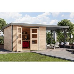 Karibu Gartenhaus &raquo;Jupiterino 5 SET, in verschiedenen Farben&laquo; inkl. Anbaudach Massivholz ohne Fu&szlig;boden, Blechdach
