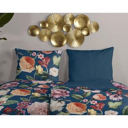 Descanso Wendebettw&auml;sche &raquo;Fiori&laquo; 2 Stk. Baumwolle, Satin, 135x200, Biese, Rei&szlig;verschluss, Wende, Blumen Sand blau Satin (Bio-Baumwolle), Obermaterial: 100% 