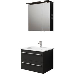 Badm&ouml;bel-Set &raquo;Serie 6025 2-teilig Mineralmarmor-Waschtisch mit LED-Spiegelschrank&laquo; 2 Stk. tlg. schwarz Holzwerkstoff B/H/T: 67cmcm x 200cmcm x 48cmcm,