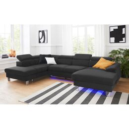 COTTA Wohnlandschaft &raquo;Komaris U-Form, B: 320 cm&laquo; mit Kopfteilverstellung, optional Schlaffunktion, Bettkasten & Licht schwarz Microfaser PRIMABELLE (