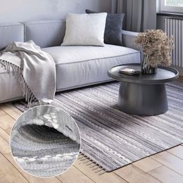 MyFlair Teppich &raquo;Sharon&laquo; rechteckig 10 mm H&ouml;he Flachgewebe, Fleckerl, 90% Baumwolle, handgewebt, mit Fransen grau Baumwolle, Polyester B : 80cm 1 Stk., 10mm, 