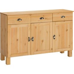 Home Affaire Unterschrank &raquo;Oslo&laquo; 125 cm breit, 38 cm tief, als Sideboard, 3 T&uuml;ren, 2 Schubladen beige Massivholz Beize/Wachs, B/H/T: 125cm x 85cm x 