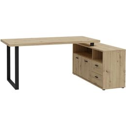 FORTE Eckschreibtisch &raquo;Goldsboro&laquo; mit 2 Schubladen & T&uuml;ren, Metallkufe & -griffe in schwarz, 124x181 cm braun B/H/T: 68cm x 74,3cm x 160cm