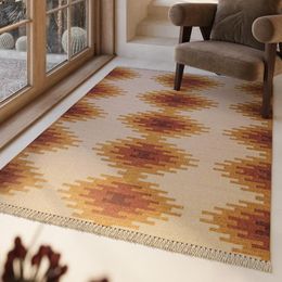 Wollteppich &raquo;Belle&laquo; rechteckig 5 mm H&ouml;he Fransen, Kelim, handgewebt, Natur, Wohnzimmer, Schlafzimmer, Raute beige Wolle B : 200cm 1 Stk., 5mm, L: 