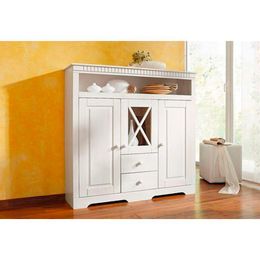 OTTO home Highboard &raquo;Lisa&laquo; Stauraumschrank aus massivem Kiefernholz, mit dekorativen Fr&auml;sungen wei&szlig; Massivholz B/H/T: 130cm x 125cm x 35cm, 2 Stk., 