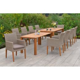 Merxx Garten-Essgruppe &raquo;Ranzano&laquo; Set, 21 Stk. tlg. 10 Sessel inkl. Sitzkissen, Ausziehtisch beige Aluminium, Kunststoff, Massivholz Polyester