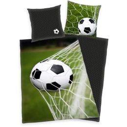 Herding's Young Collection Wendebettw&auml;sche &raquo;Fu&szlig;ball&laquo; 2 Stk. mit Ball im Netz gr&uuml;n Renforc&eacute;, Obermaterial: 100% Baumwolle B/L: 135cm x 200cm, 1 Stk., 1 Stk., Renforc&eacute;, B/L: 80cm 